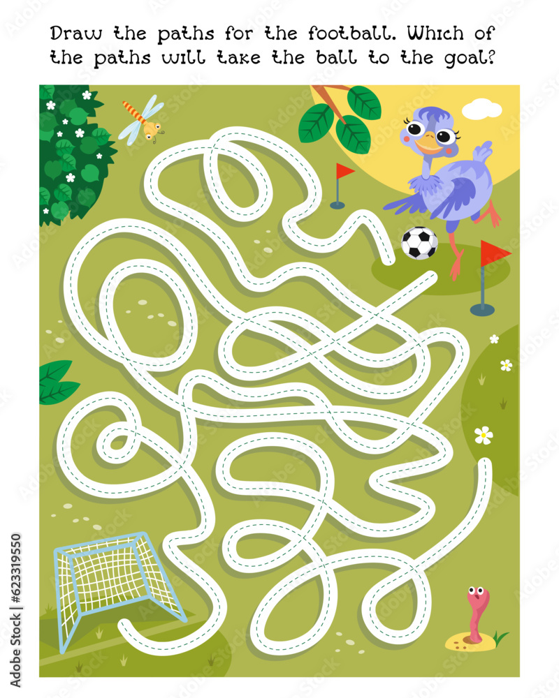 Maze game, activity for children. Draw paths for the ball. Cute ostrich ...