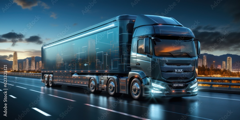 Electric van or futuristic truck on the highway for logistics concept ...