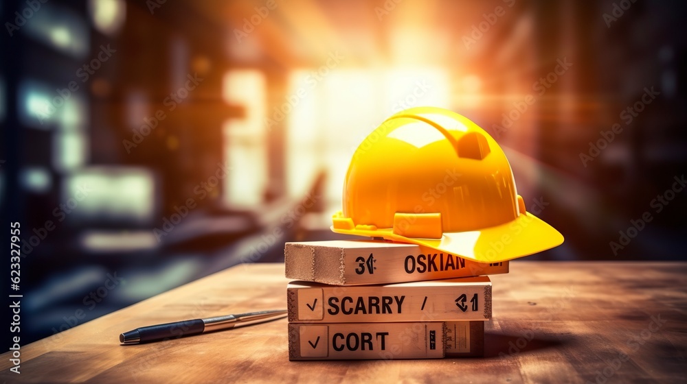 Work safety concept Safety at the workplace and compliance on wooden ...