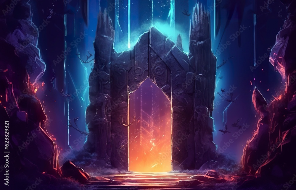 Fantasy night landscape with magical power, ancient stones with magical ...