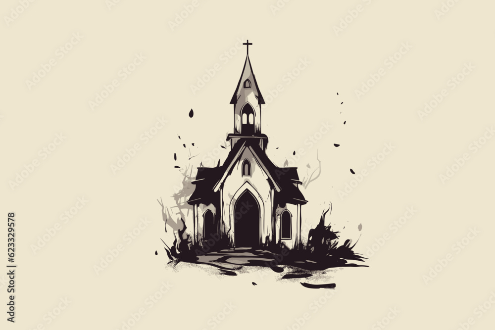Vetor de Doodle inspired Decaying church, cartoon sticker, sketch ...