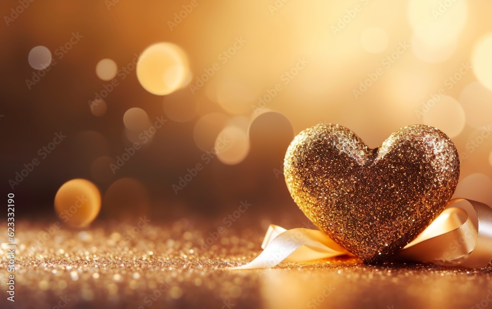 gold glitter heart, ribbon star on the left with copy space, gradient ...