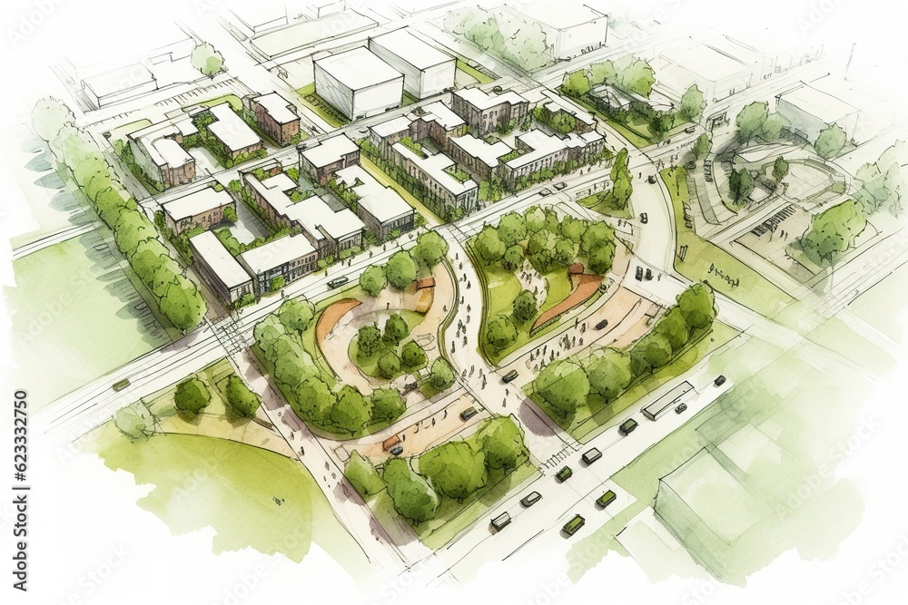 Urban planning sketch highlighting sustainable elements like green ...