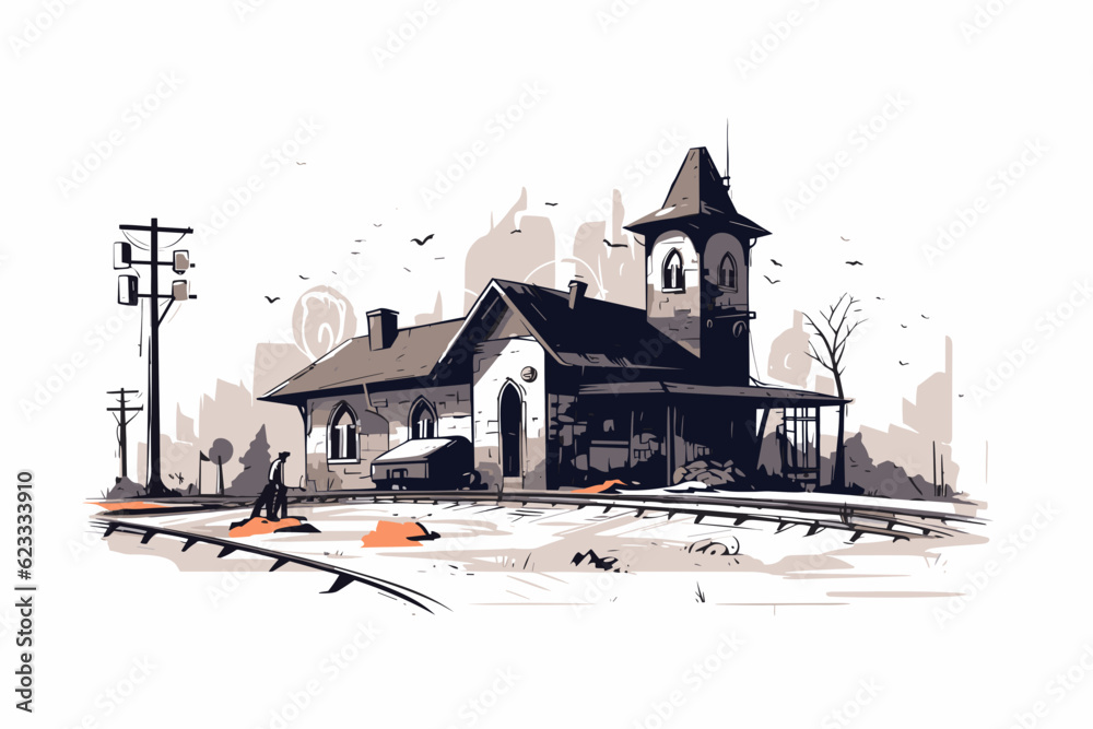 Doodle inspired Abandoned train station, cartoon sticker, sketch ...