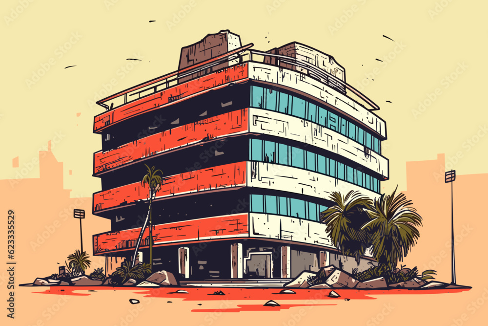 Vetor de Doodle inspired Abandoned office building, cartoon sticker ...