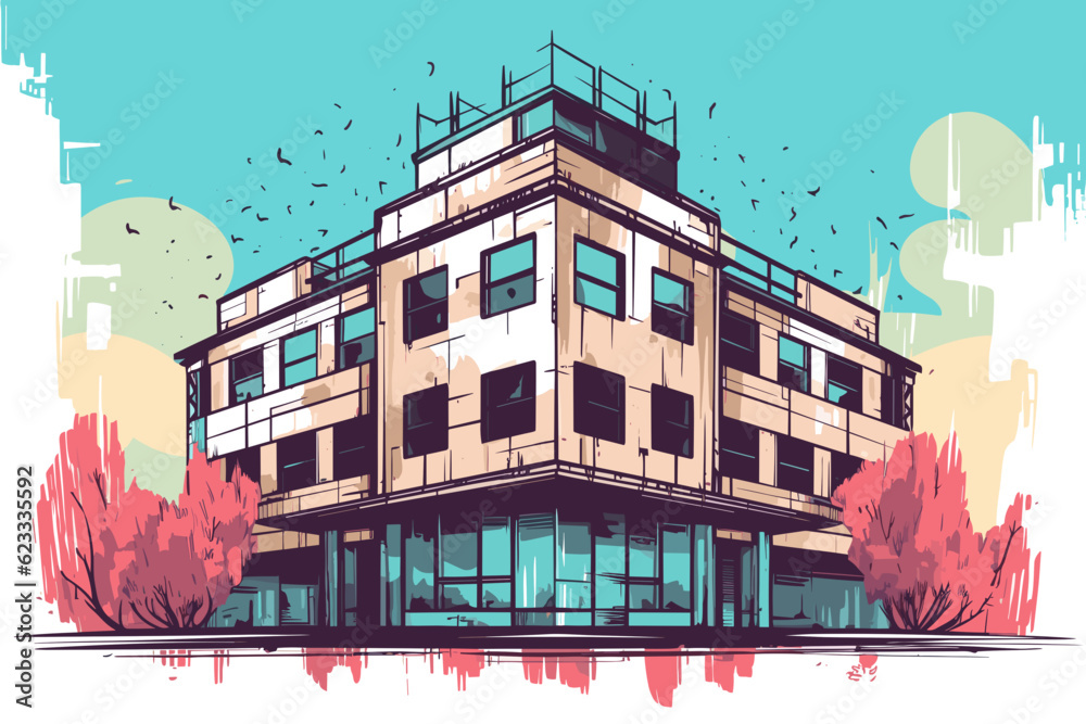 Doodle inspired Abandoned office building, cartoon sticker, sketch, vector, Illustration Stock ...