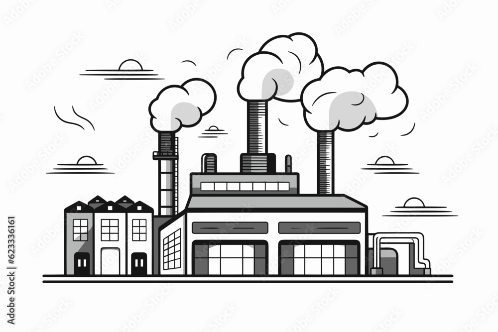 Doodle inspired Disused factory, cartoon sticker, sketch, vector ...