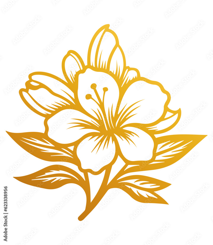 Hand drawn azalea flower . Sketch of azalea flower with leaves and stem ...