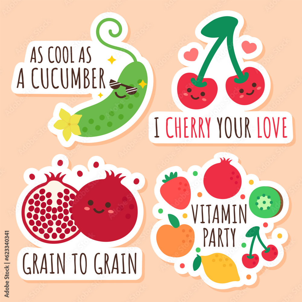Funny vegetables and fruits characters with phrases. Set of isolated ...