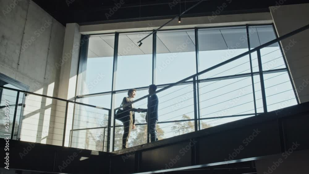 Wide low-angle shot of two young multiethnic businessmen in suits ...