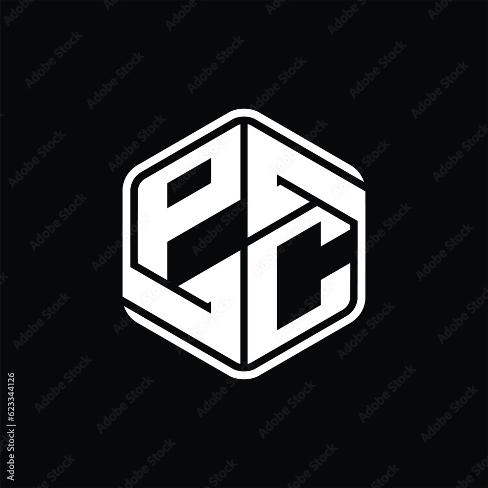 PC Logo monogram hexagon shape with ornament abstract isolated outline ...