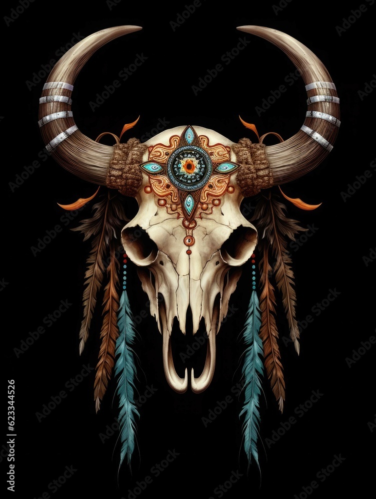 Bull skull with feathers native Americans tribal style. Digital art ...