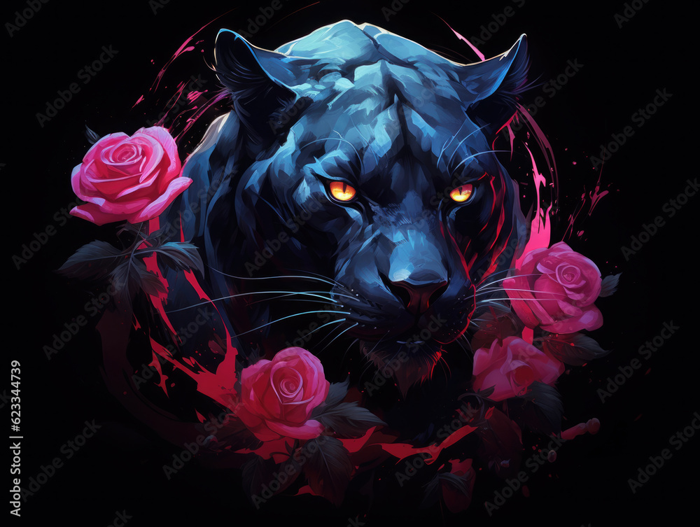 Panther and roses. Digital art. Generative AI. Stock Photo | Adobe Stock