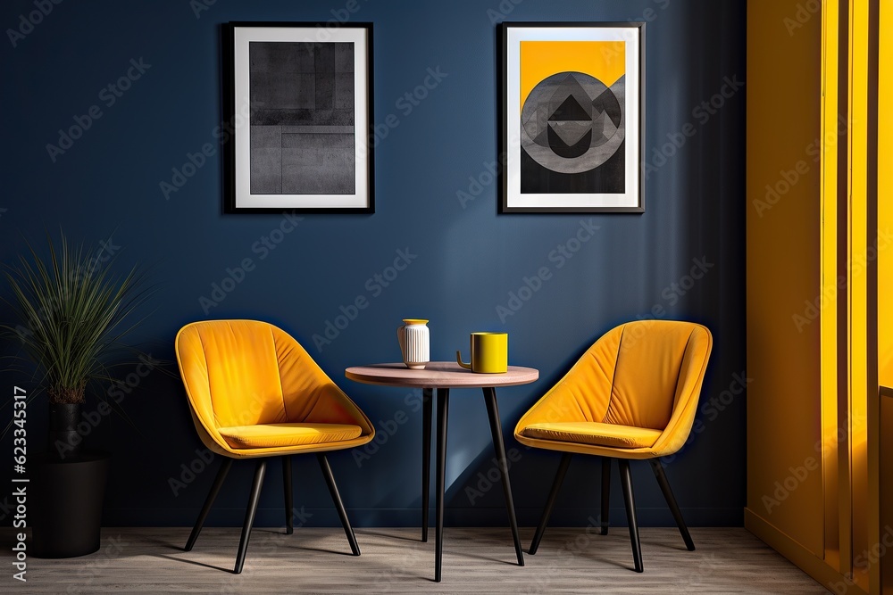 A minimalist yellow chair and table set against a plain background ...