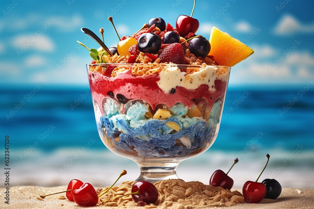 Eisbecher am Strand in schöner ansprechender Optik mit Obst, 10, AI ...