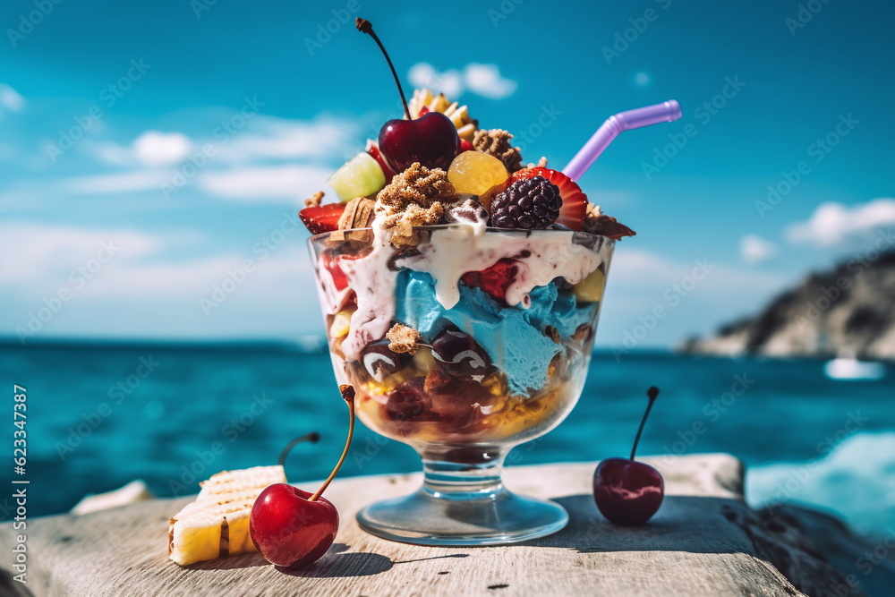 Eisbecher am Strand in schöner ansprechender Optik mit Obst, 6, AI ...