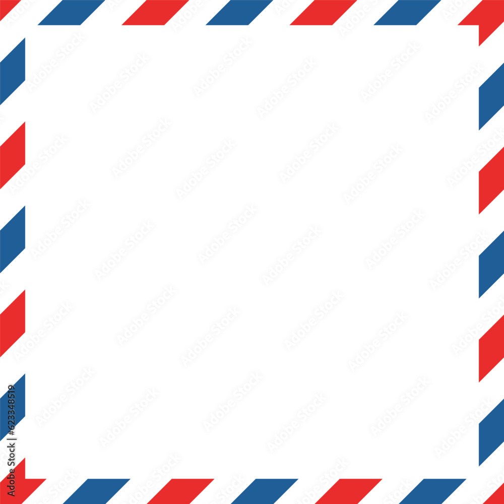 Airmail square envelope frame with blue red stripes on white background ...