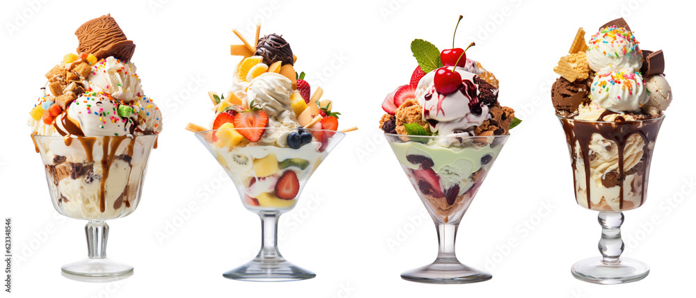 4 different delicious sundaes with fruit and toppings, glas, isolated ...