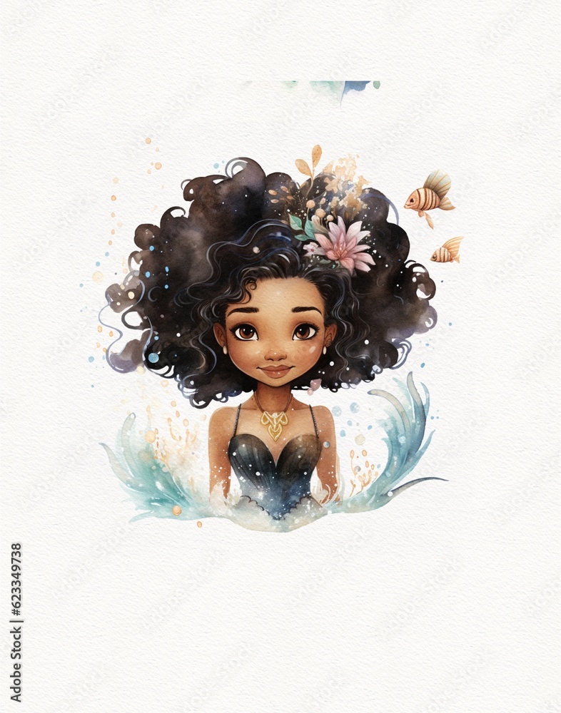 watercolor drawing of stunning beautiful dark skinned girl mermaid ...