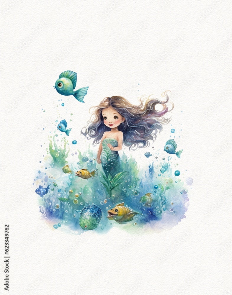 watercolor drawing of stunning beautiful mermaid princess girl, mermaid ...