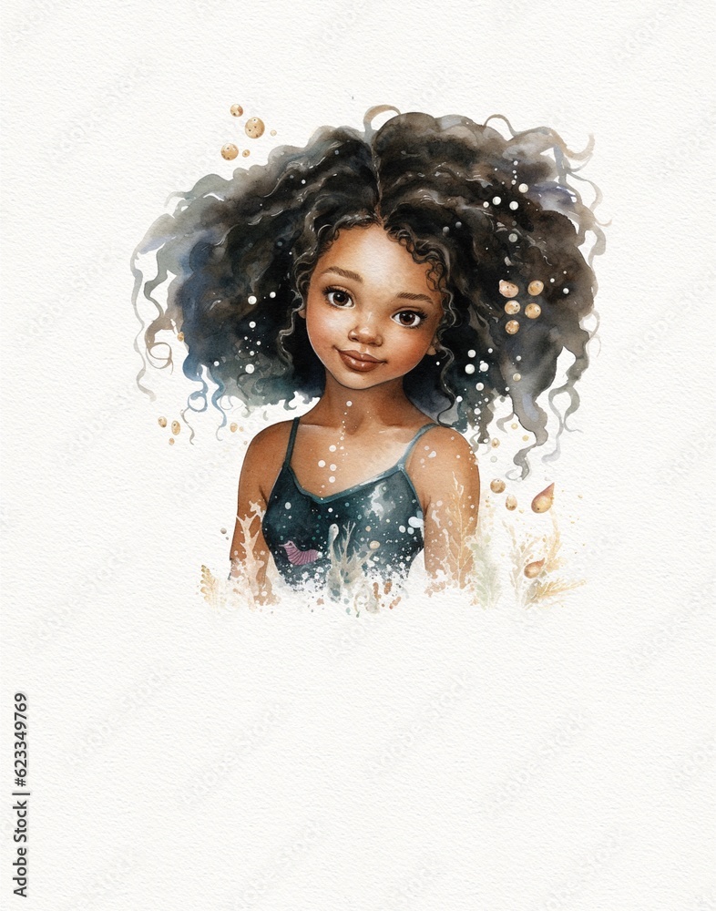 watercolor drawing of stunning beautiful dark skinned girl mermaid ...
