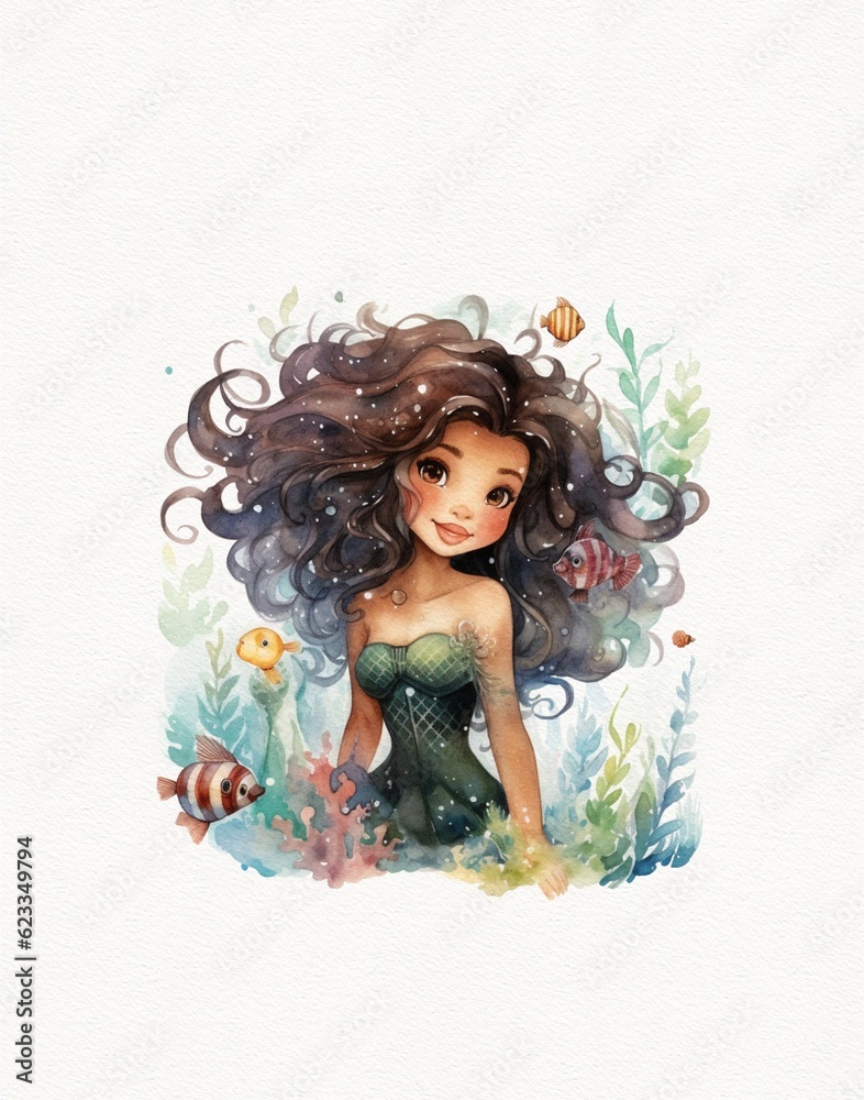 watercolor drawing of stunning beautiful dark skinned girl mermaid ...