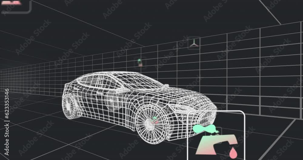 Animation of multiple digital icons over 3d car model moving in ...