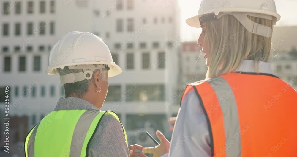 Back, planning and a construction team of women working on a building ...