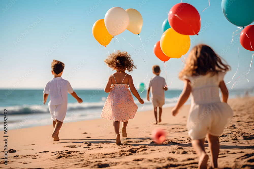 Niños corriendo por la arena de la playa con globos de colores ...