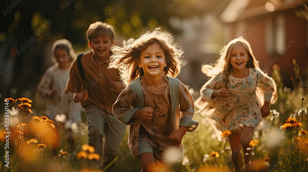 Happy kids playing outside and having fun together in summertime on ...