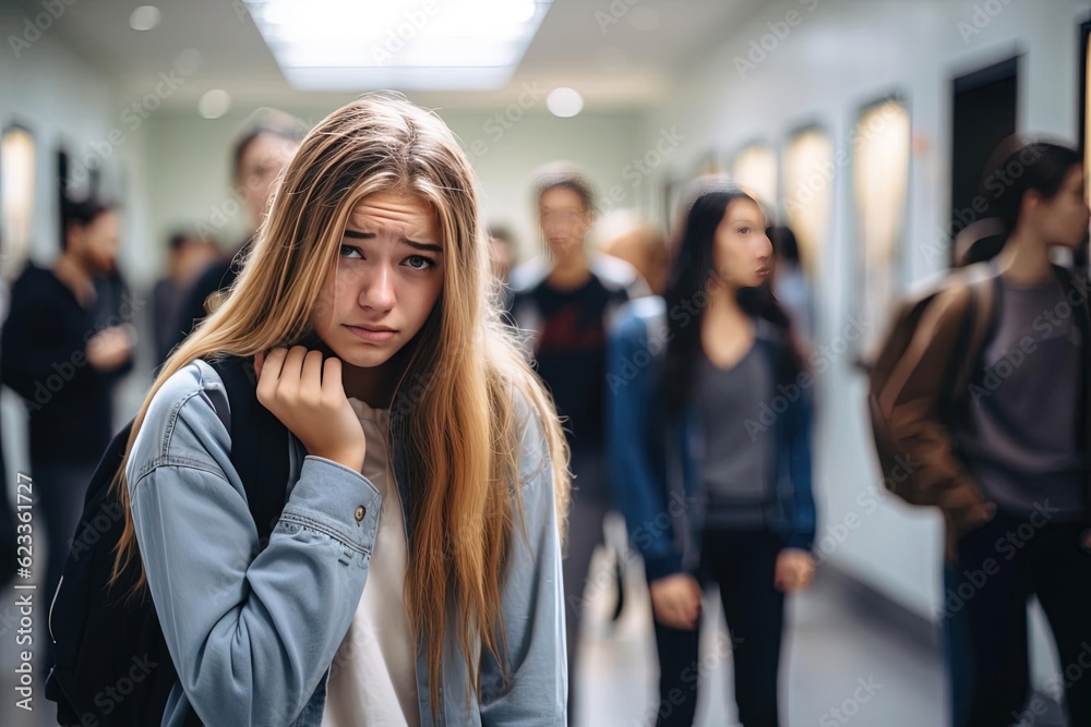 Depressed Teenager Girl Standing in School Hallway - Sad Expression ... Depressed Teenager Girl Standing in School Hallway - Sad Expression ...