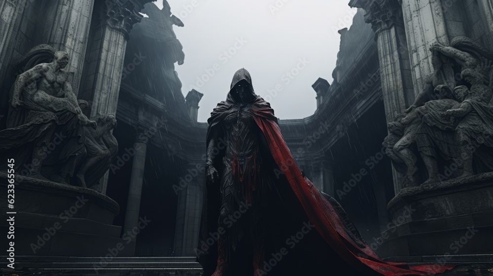 ภาพประกอบสต็อก Red Sentinel Against Time: Majestic Statue of a Hooded ...