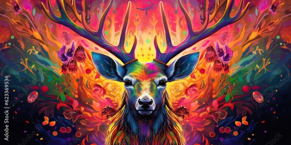 AI Generated. AI Generative. psychedelic stag deer animal. Ink brush ...