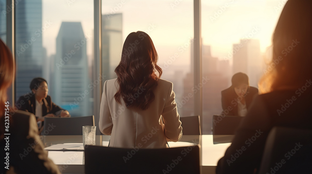 backside of business woman. meeting talking at office. tower and city ...