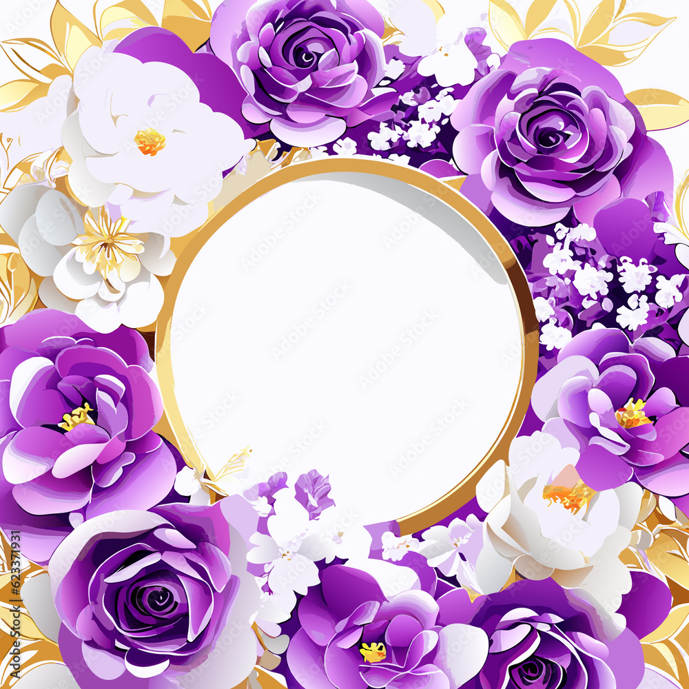 Colorful Flower banner. flower and leaves in circle. Round frame with ...