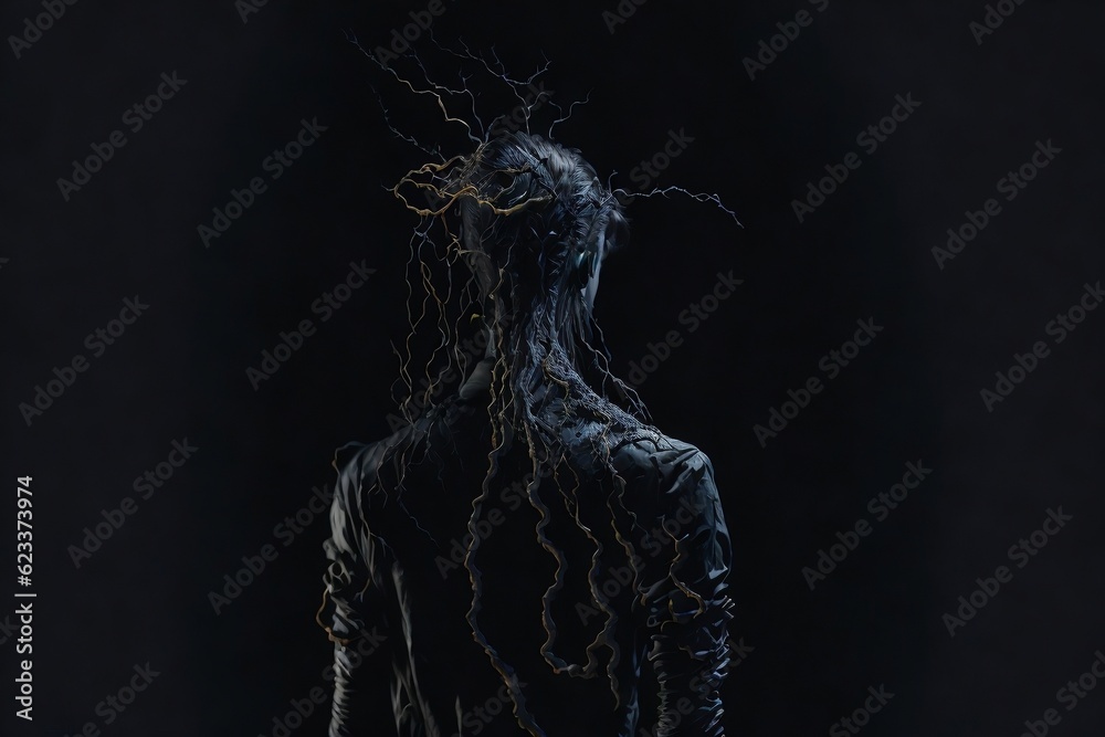 A figure shrouded in darkness, their shoulders slumped in the depths of ...