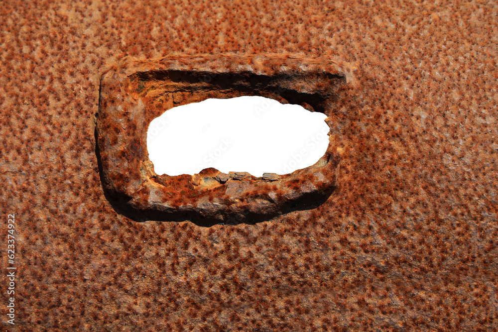 Hole in the Rusty Metal pipe. closeup image. background of Old steel ...