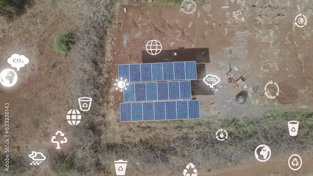 Solar panels pumping water farm Kenya. Climate change Paris agreement. Environment protection ...