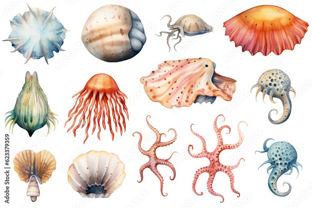 Watercolor sea creatures clip art on white background Generative AI ...