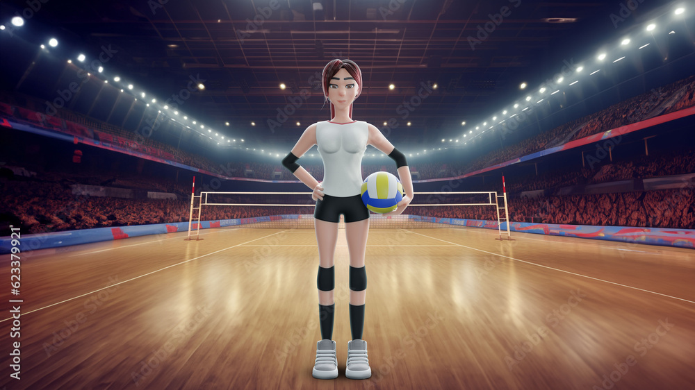 3d rendering. Female volleyball player standing with the volleyball ...
