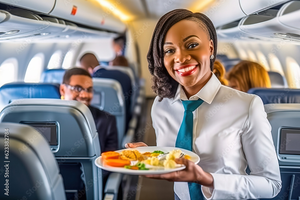 Portrait of an African American flight attendant serving drinks in the ...