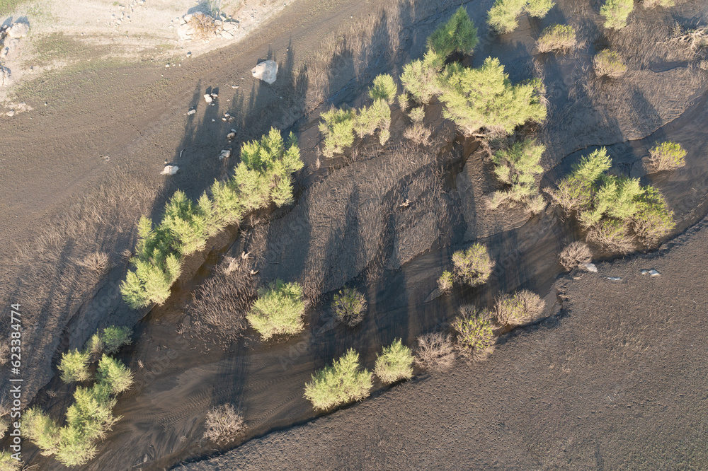 Muddy stream in mountain canyon. River after flooding in early summer ...