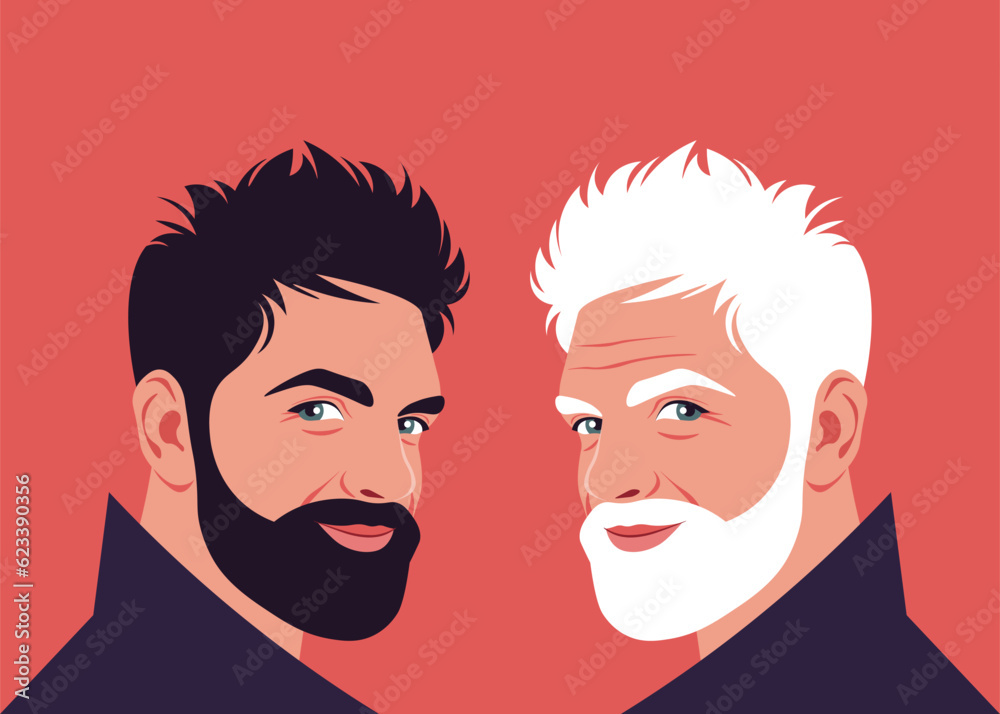 Vetor de Faces of young and old men with beards in half-turns. Aging ...