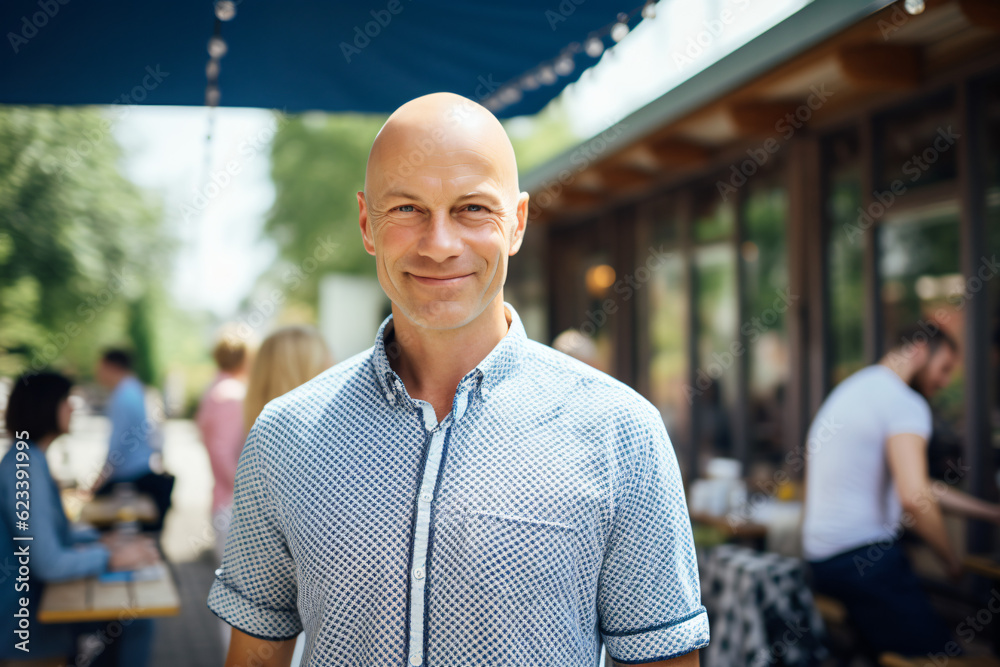 Illustration of a bald man standing in front of a restaurant created ...
