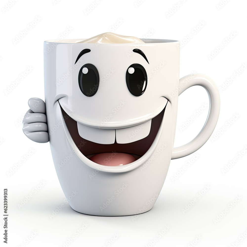 cartoon white cup with milk or fermented milk product, kefir close-up ...