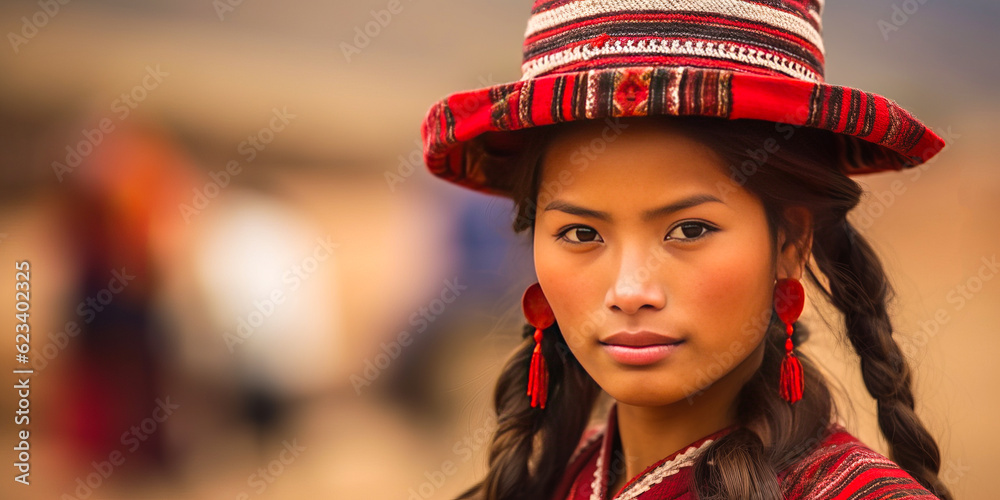Enigmatic young Peruvian woman in a modern outfit, standing amidst ...