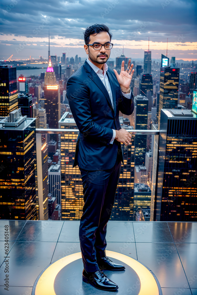 Manager CEO CFO President Stands on the Roof of a Skyscraper Symbolic ...