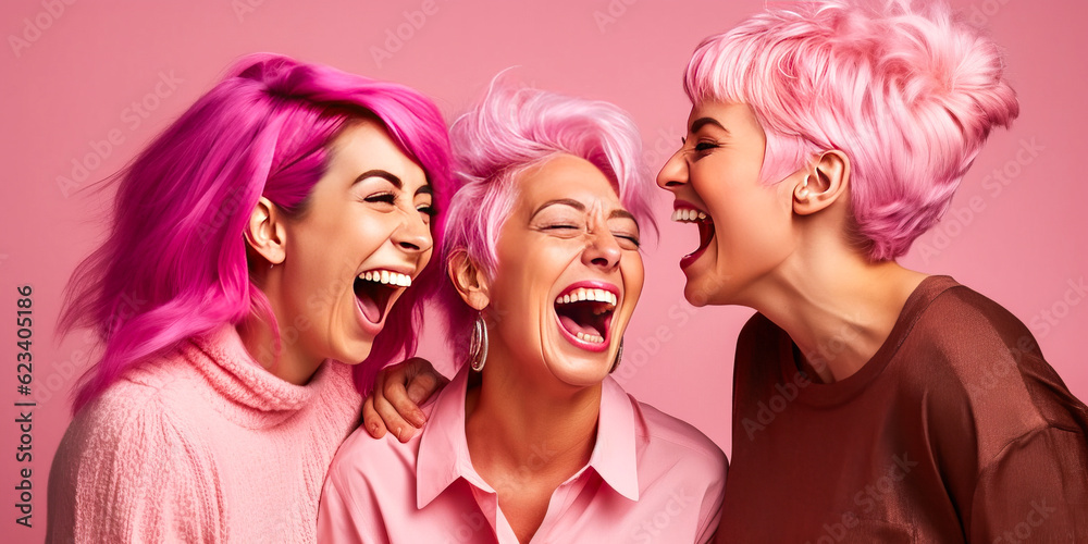 Emotional scene, three generations of women with vibrant pink hair ...