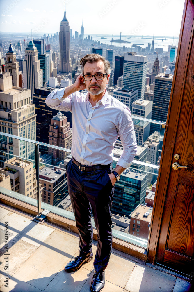 Manager CEO CFO President Stands on the Roof of a Skyscraper Symbolic ...