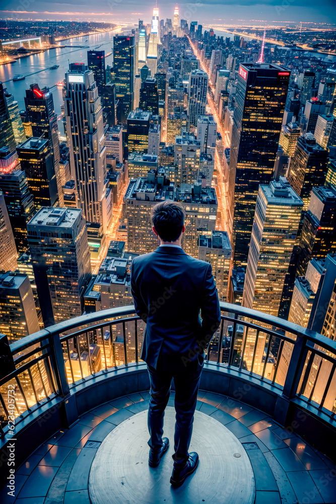 Manager CEO CFO President Stands on the Roof of a Skyscraper Symbolic ...
